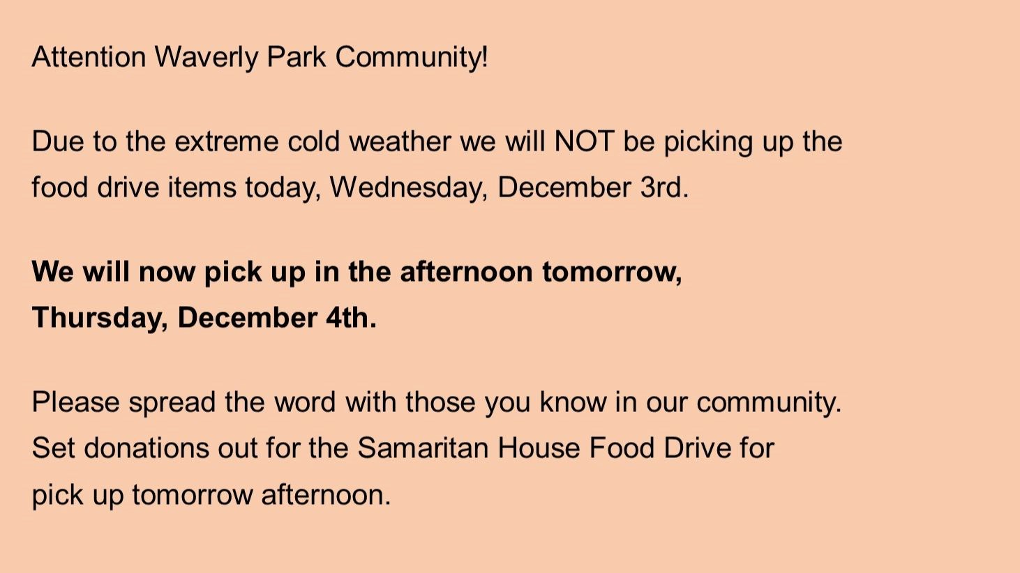 Food Drive - Change of Pick-up Date